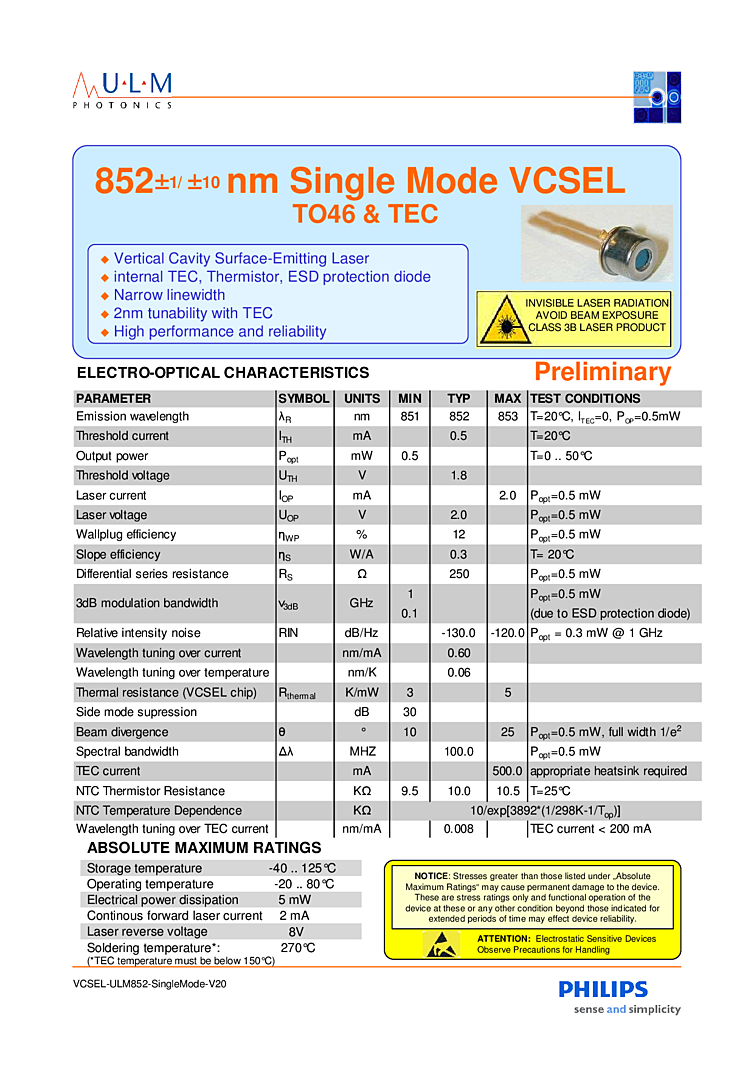 VCSEL Laser, 852nm｜レーザー・光学部品検索サイト Hikari-Kakaku
