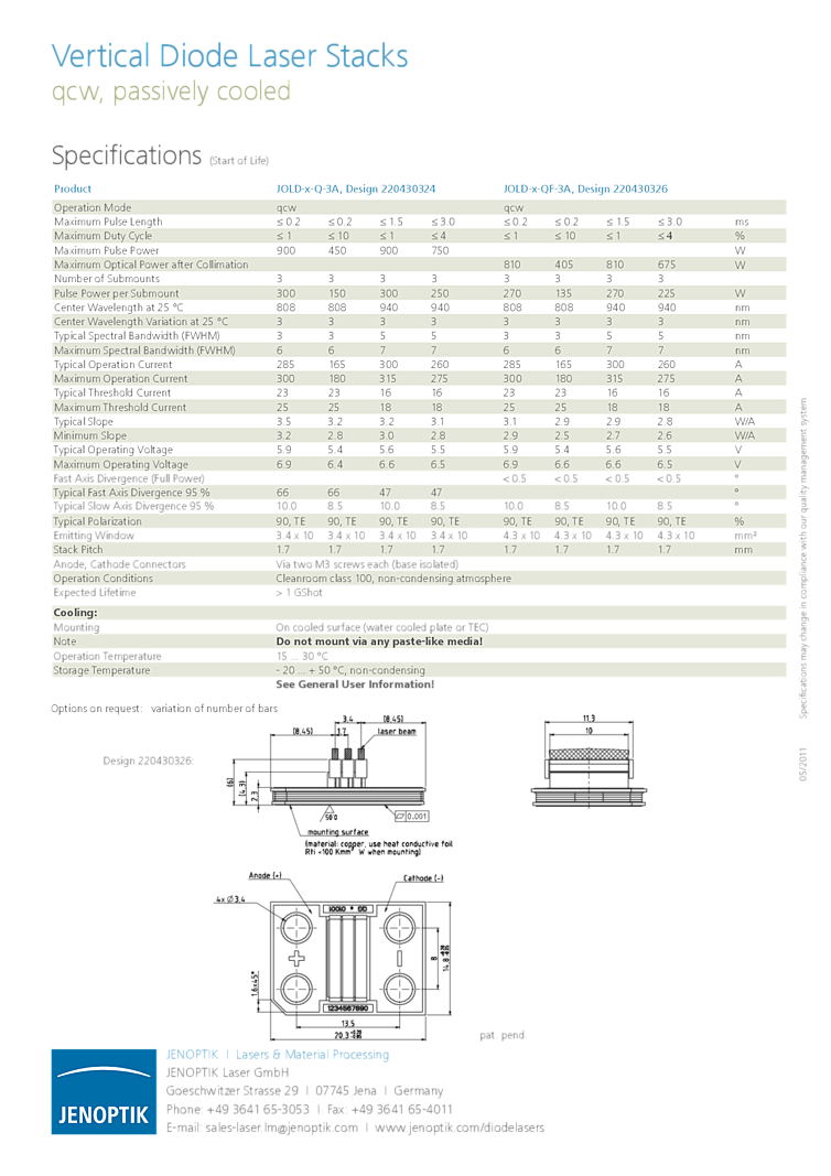 QCW Diode Laser Stacks, 940nm｜レーザー・光学部品検索サイト Hikari-Kakaku